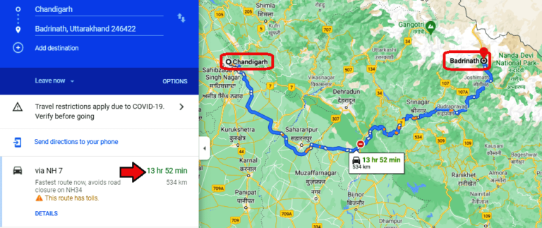 How To Reach Badrinath from Chandigarh (534km): Route Map & Distance